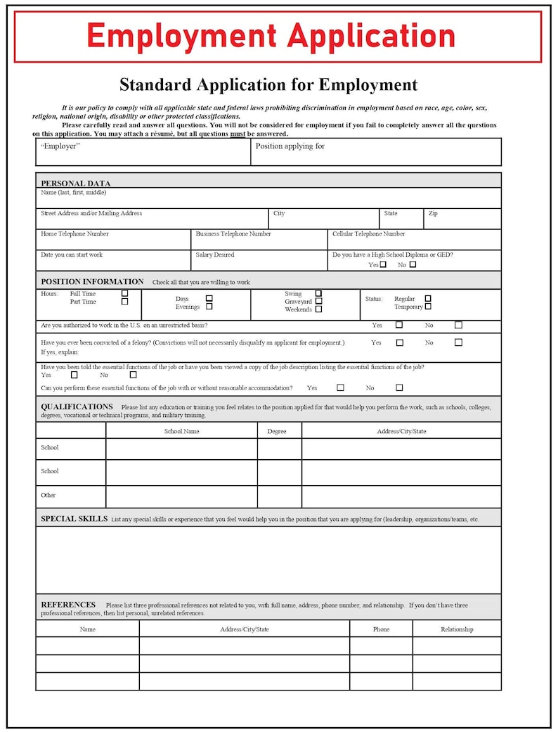 Job Application Form - New Employee Form - Job Application Template ...