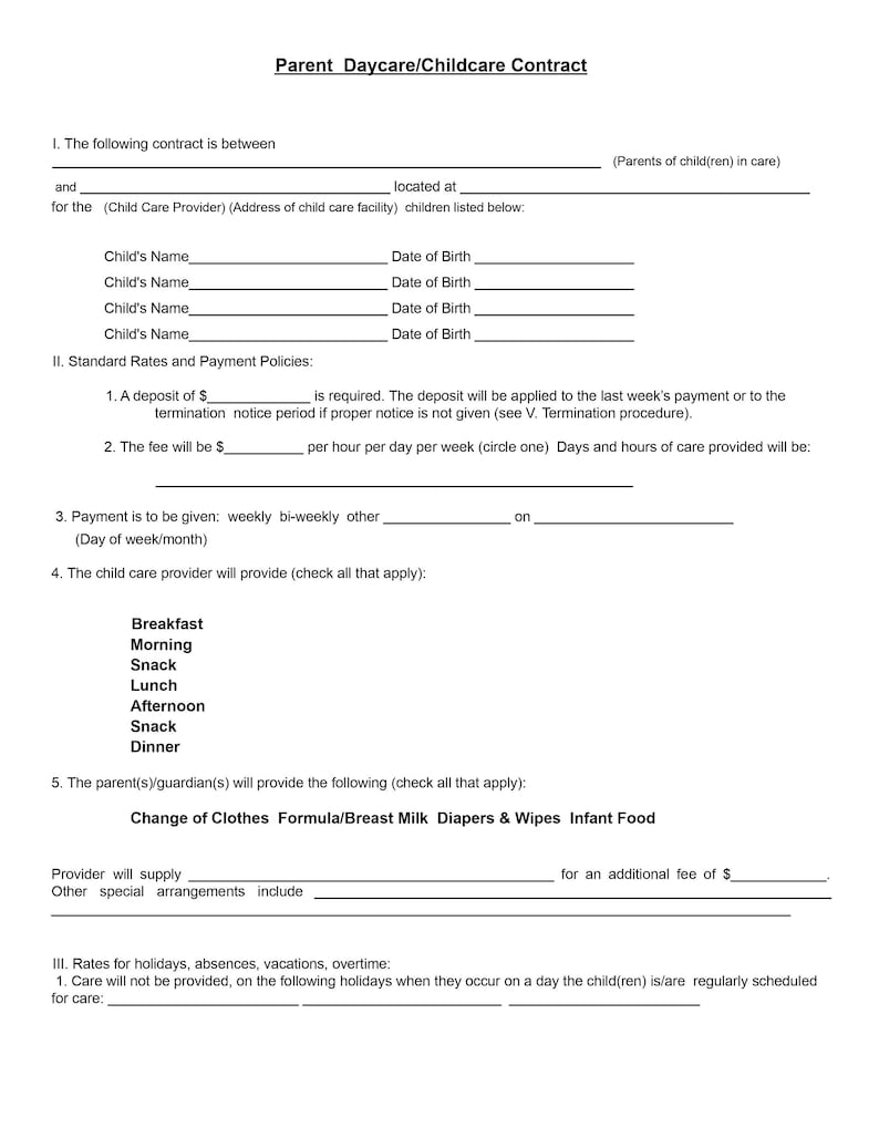 Daycare Contract - Daycare Childcare Service Agreement in PDF File ...