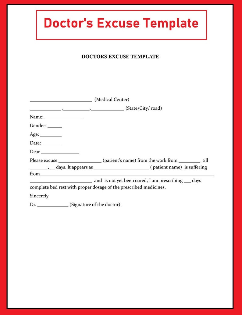 Doctors Excuse Template - Work Excuse Doctor Note - School Excuse ...