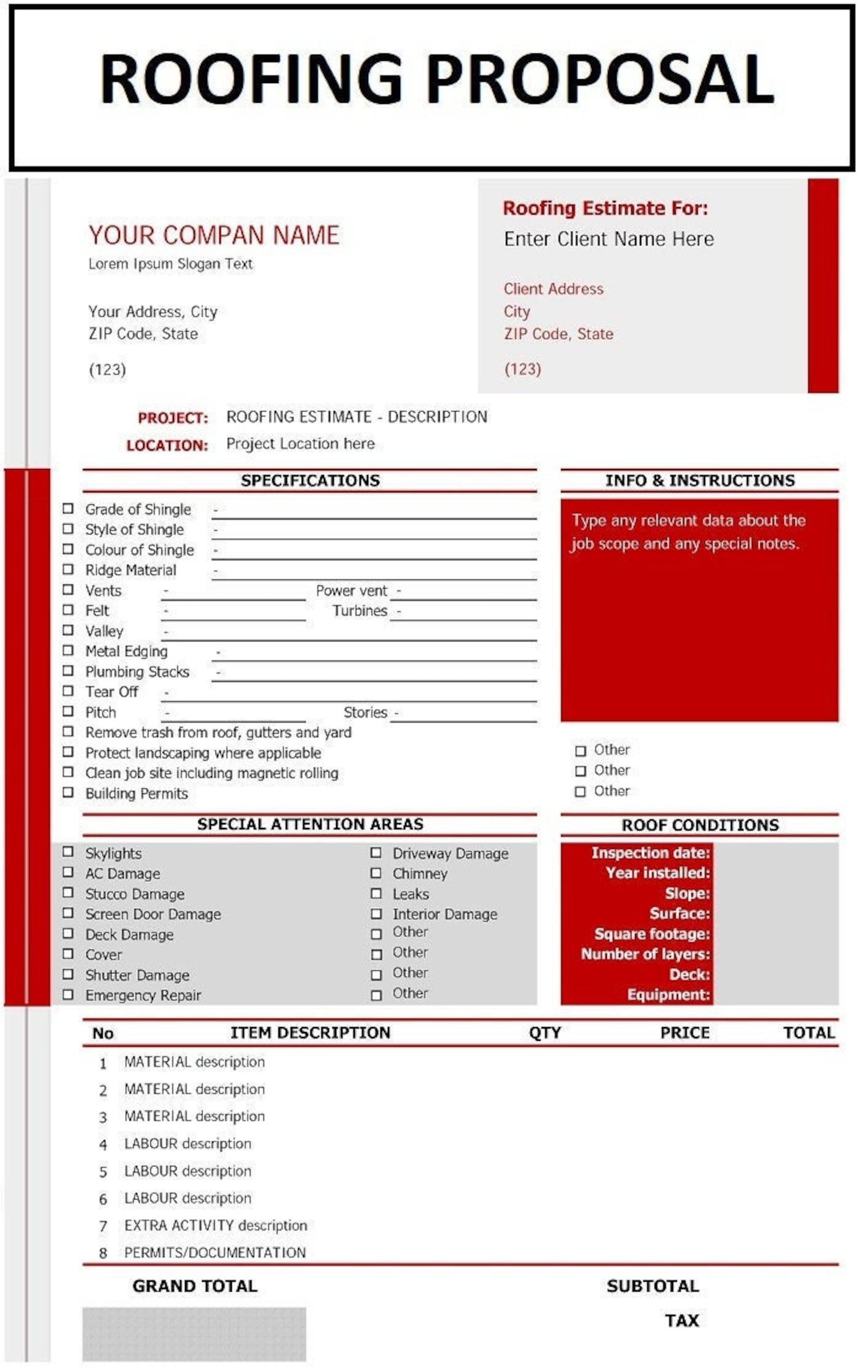 Roofing Proposal Template - Roofing Estimation Form - Roofing Job ...