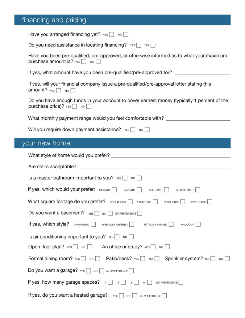 Buyer Questionnaire Real Estate PDF Template Home Buyer - Etsy