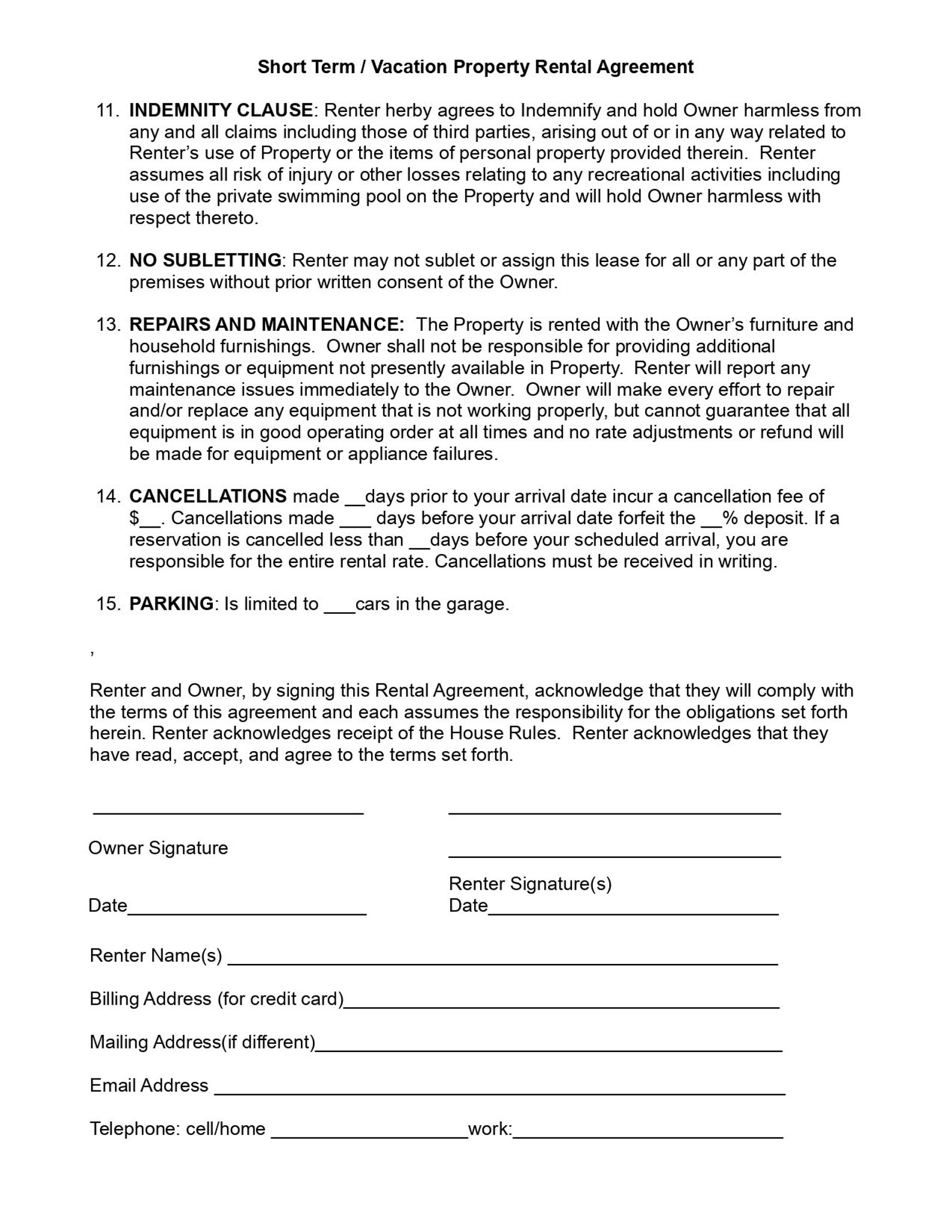 Short Term Rental Agreement - Vacation Rental Agreements - Short Term ...