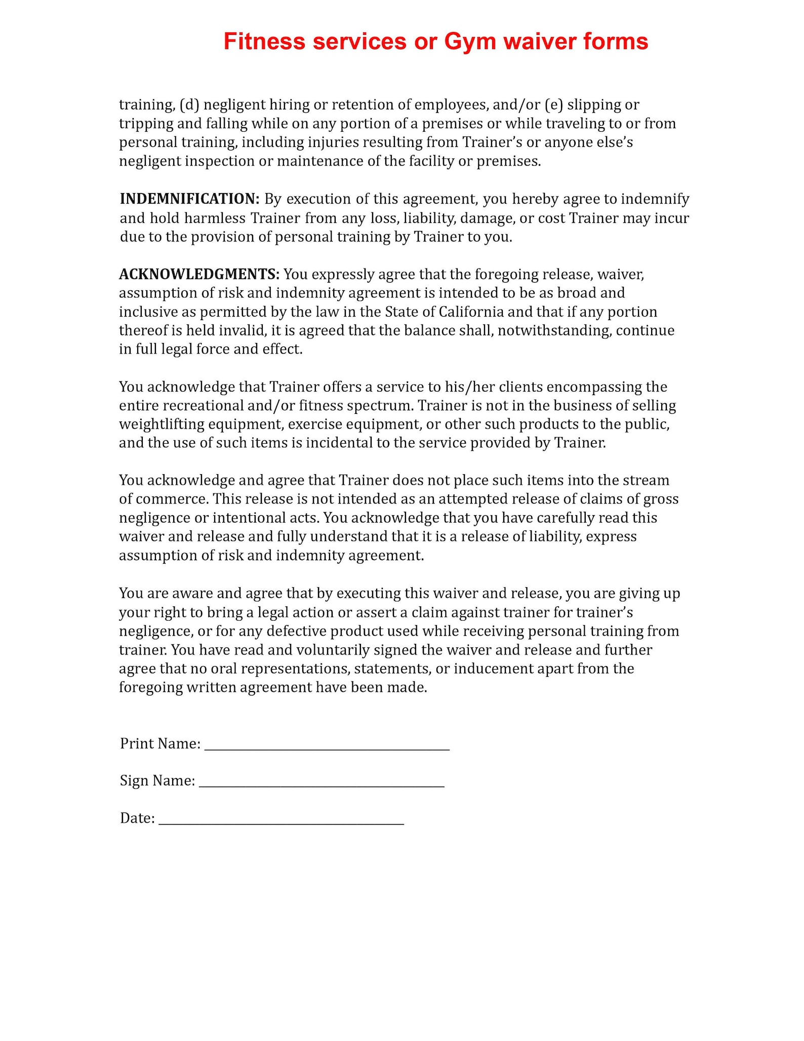 Fitness Services Waiver Template Gym Services Waiver Forms - Etsy