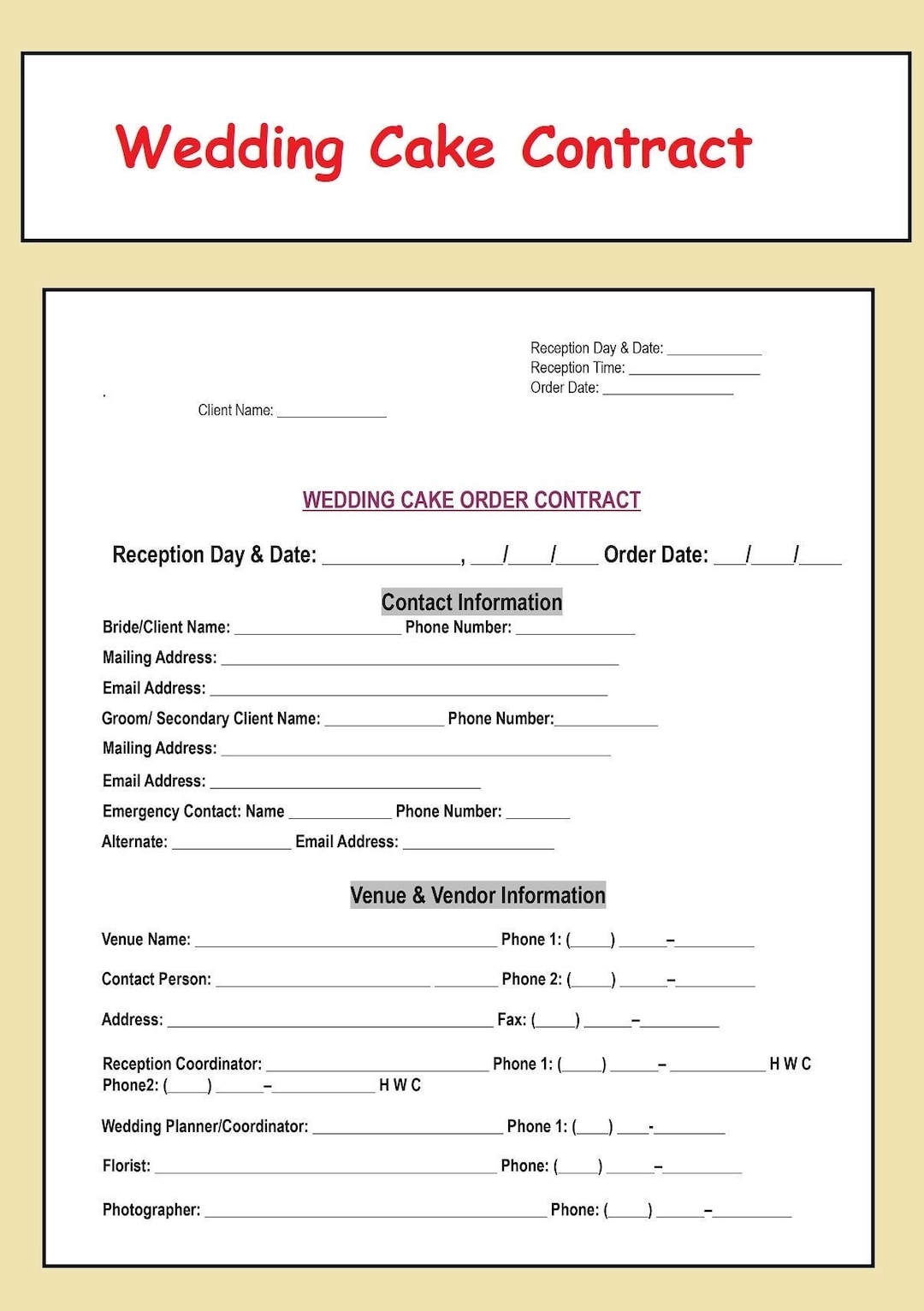 Wedding Cake Contract Template, Editable Bakery Client Agreement ...