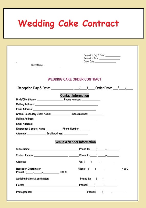 Wedding Cake Contract Template Editable Bakery Client Etsy UK
