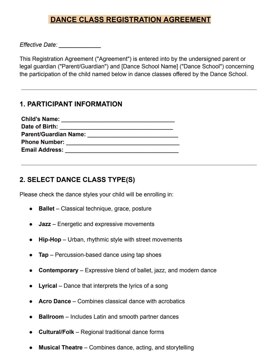 Dance Class Registration Form With Agreement - Dance Class Registration ...