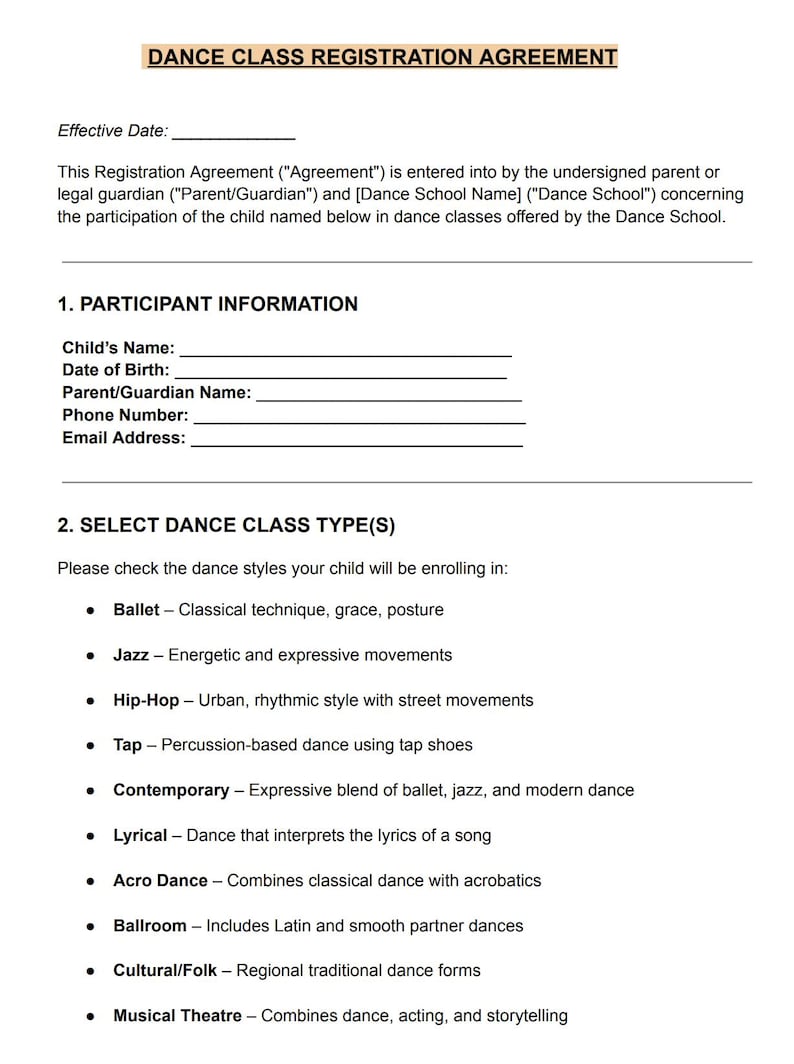 Dance Class Registration Form With Agreement - Dance Class Registration ...