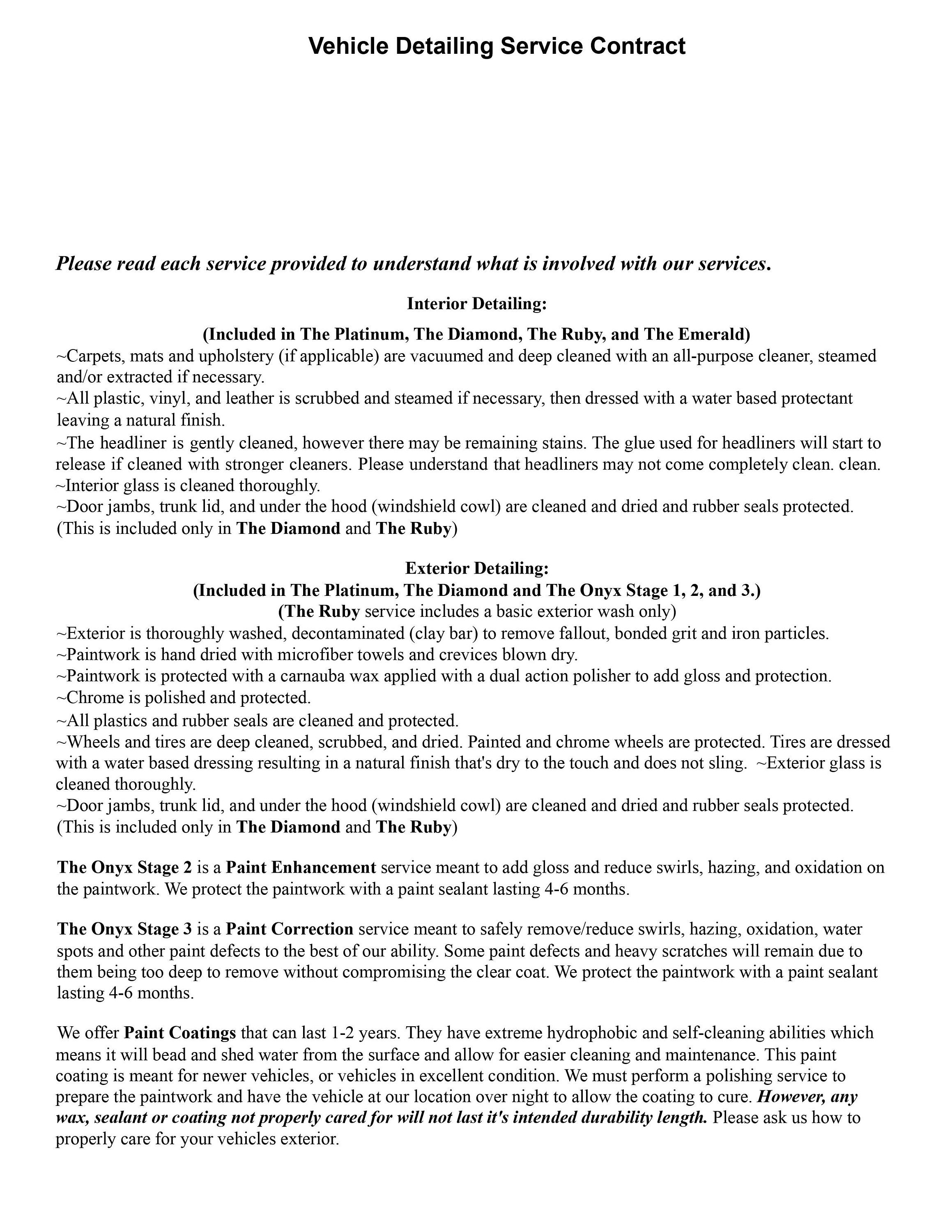 Vehicle Detailing Services Agreement - Vehicle Washing and Detailing ...