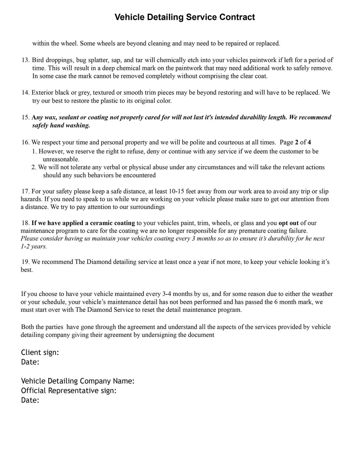 Vehicle Detailing Services Agreement - Vehicle Washing and Detailing ...