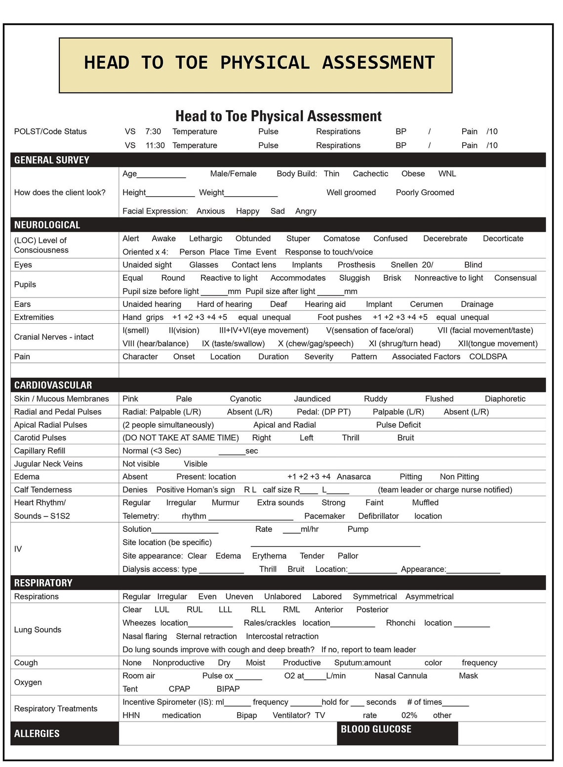 Head to Toe Assessment Nursing Template - Head to Toe Assessment ...