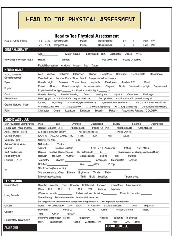 Head To Toe Printable Nursing Assessment Form Template - Printable Forms Free Online