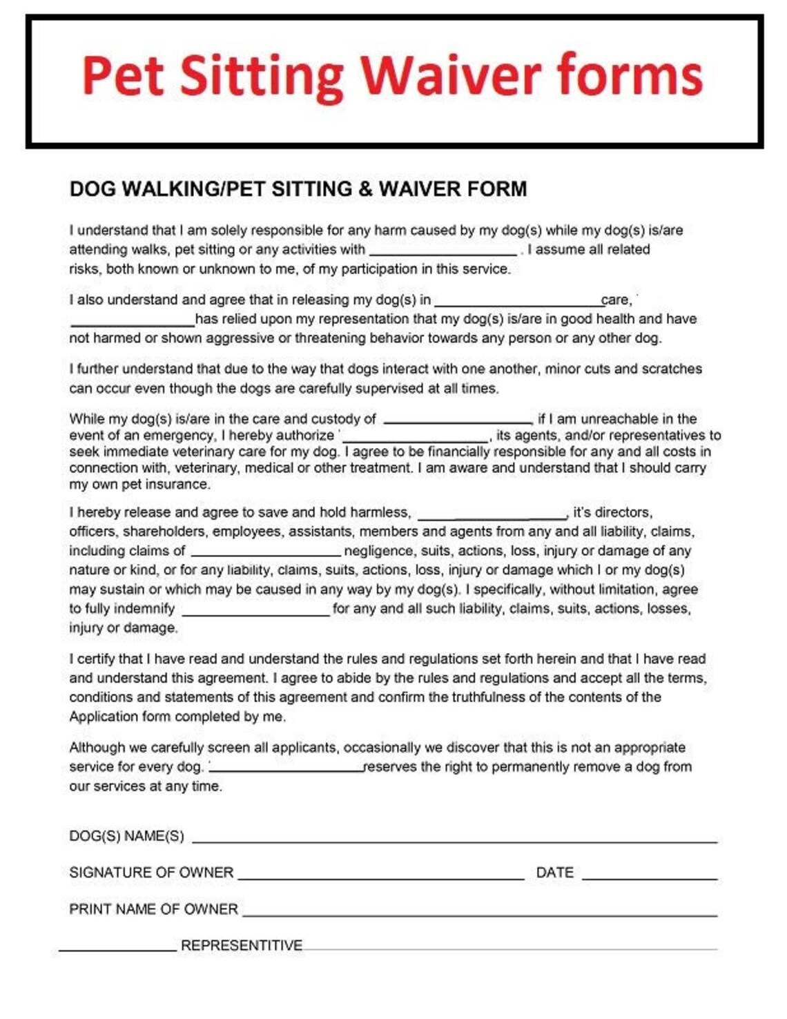Pet Sitting Waiver Form - Pet Sitting Release Form - Dog Walking and ...