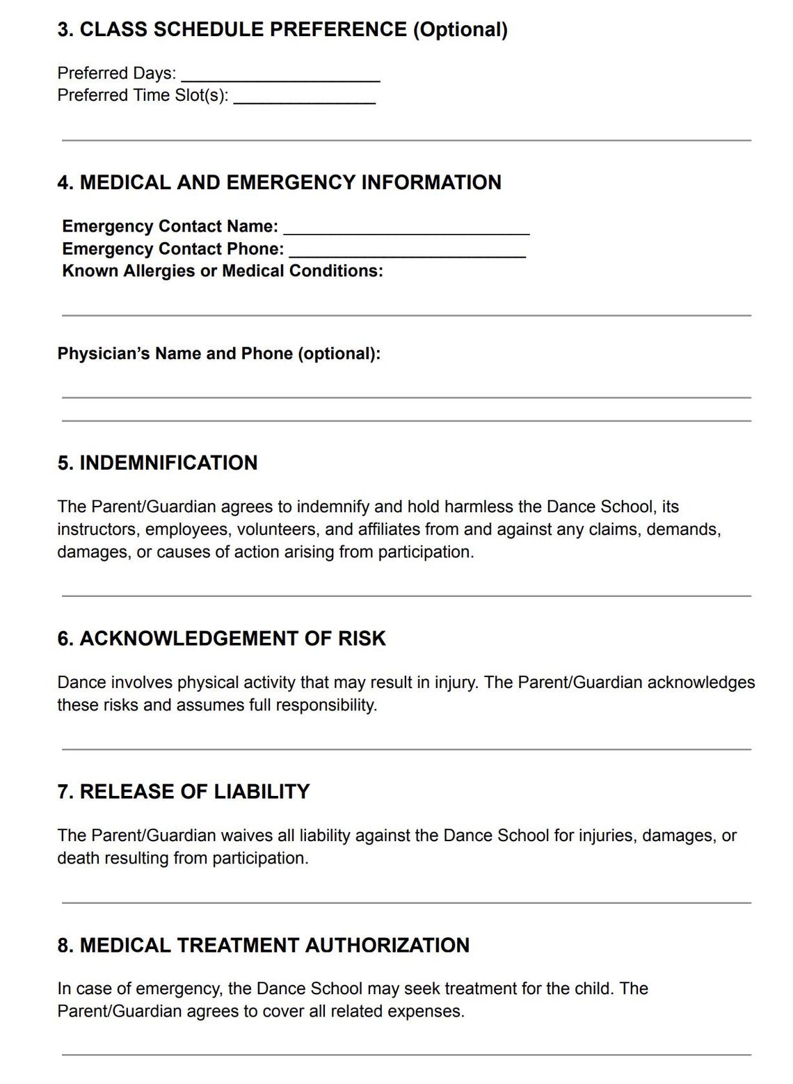 Dance Class Registration Form With Agreement - Dance Class Registration ...