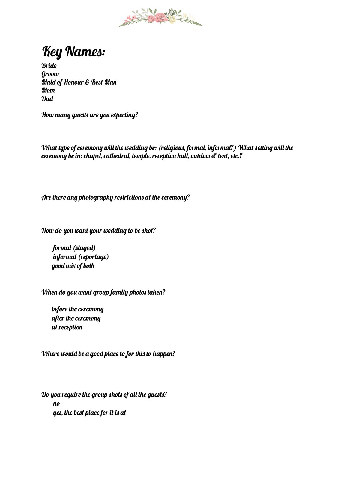 Wedding Photography Questionnaire Form - Pre Wedding Photography ...