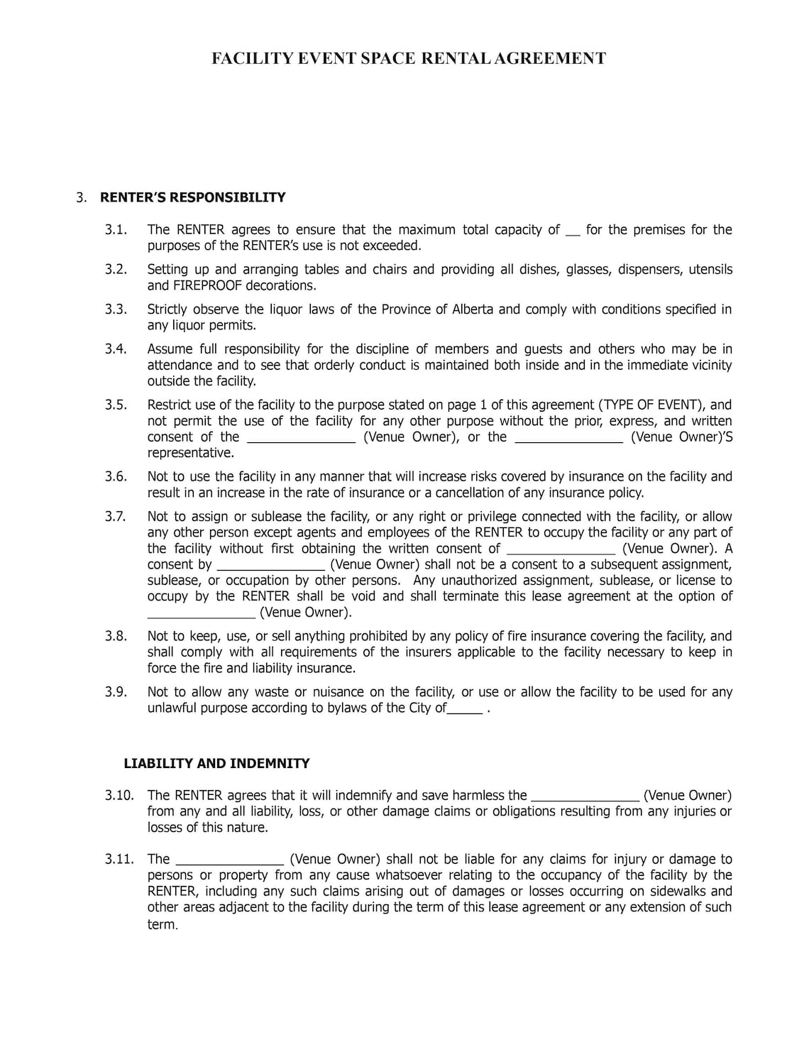 Facility Event Space Rental Agreement - Venue Rental Contract - Event ...