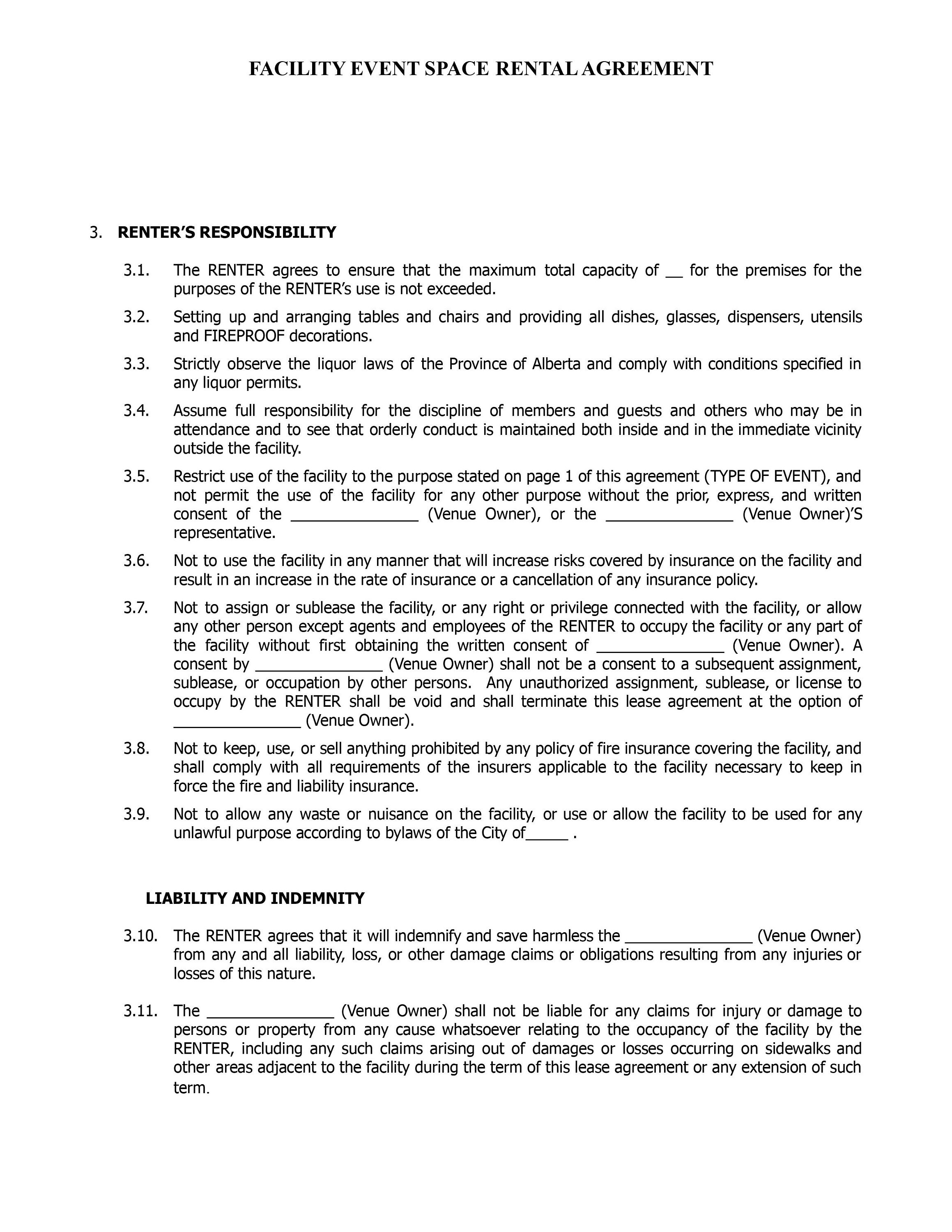 Facility Event Space Rental Agreement Venue Rental Contract - Etsy ...