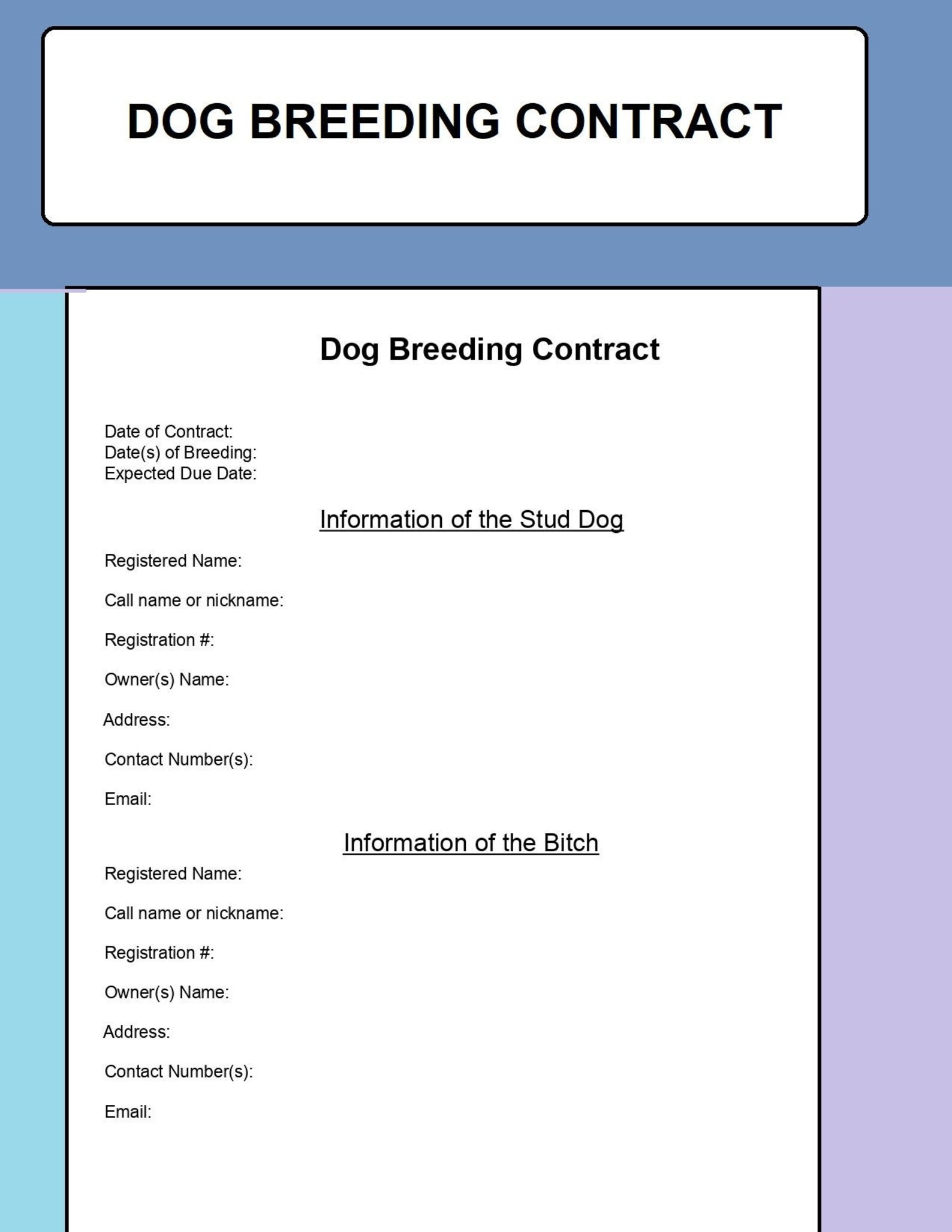 Dog Breeding Contract Dog Stud Contract Editable Files - Etsy