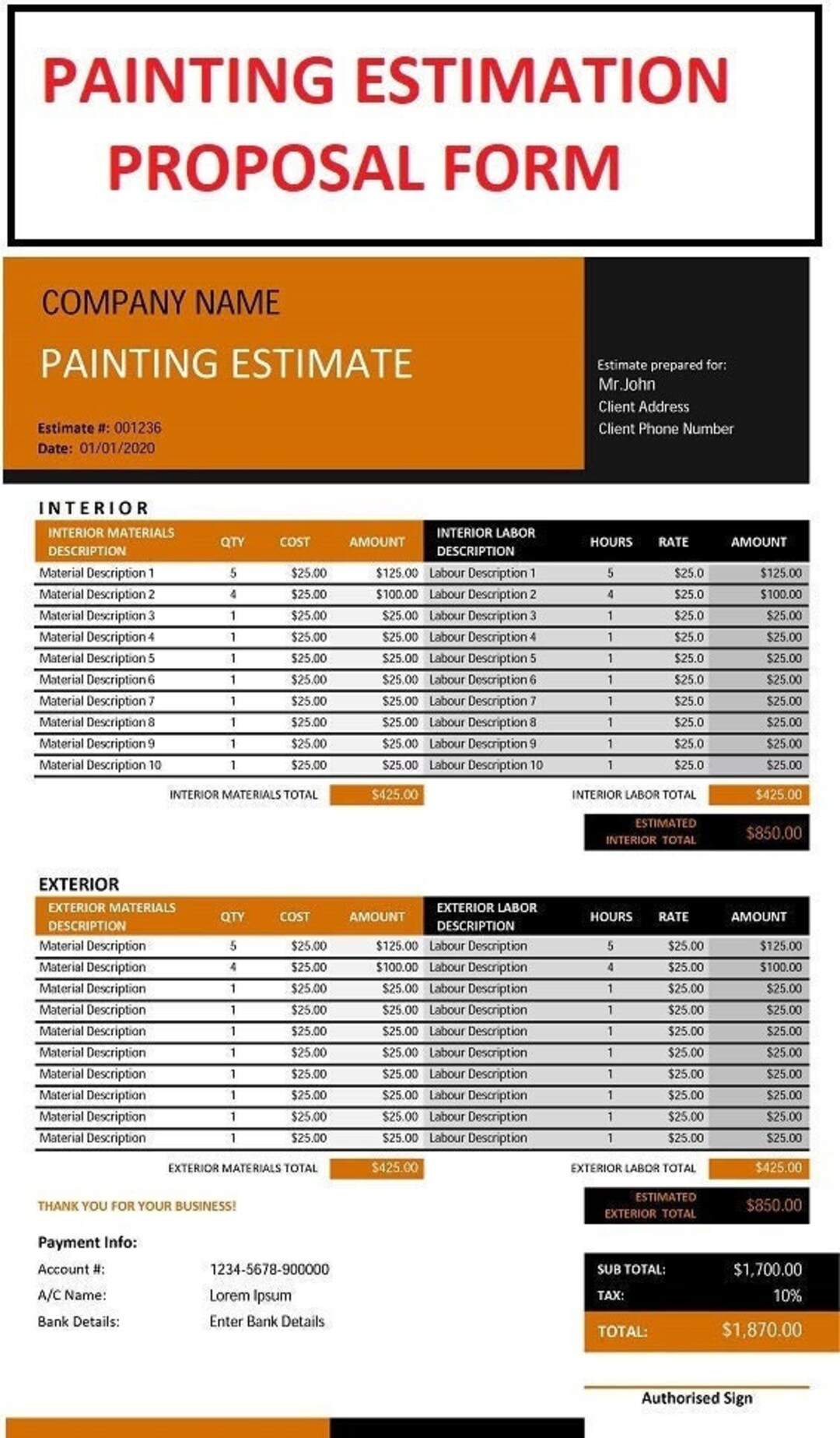 Painting Estimation Template Interior Painting Job Proposal Fillable 