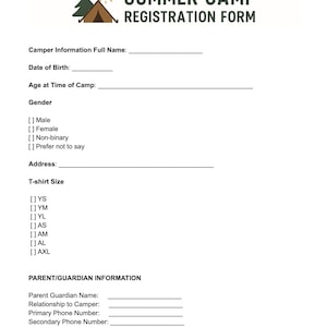 Summer Camp Registration Form Printable - Kids Summer Camp Form Sign up Sheet - Camper Info ...