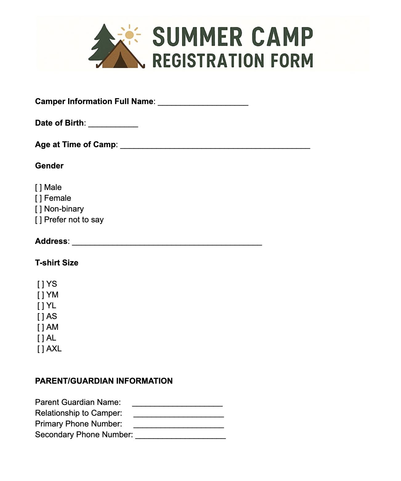 Summer Camp Registration Form Printable - Kids Summer Camp Form Sign up ...