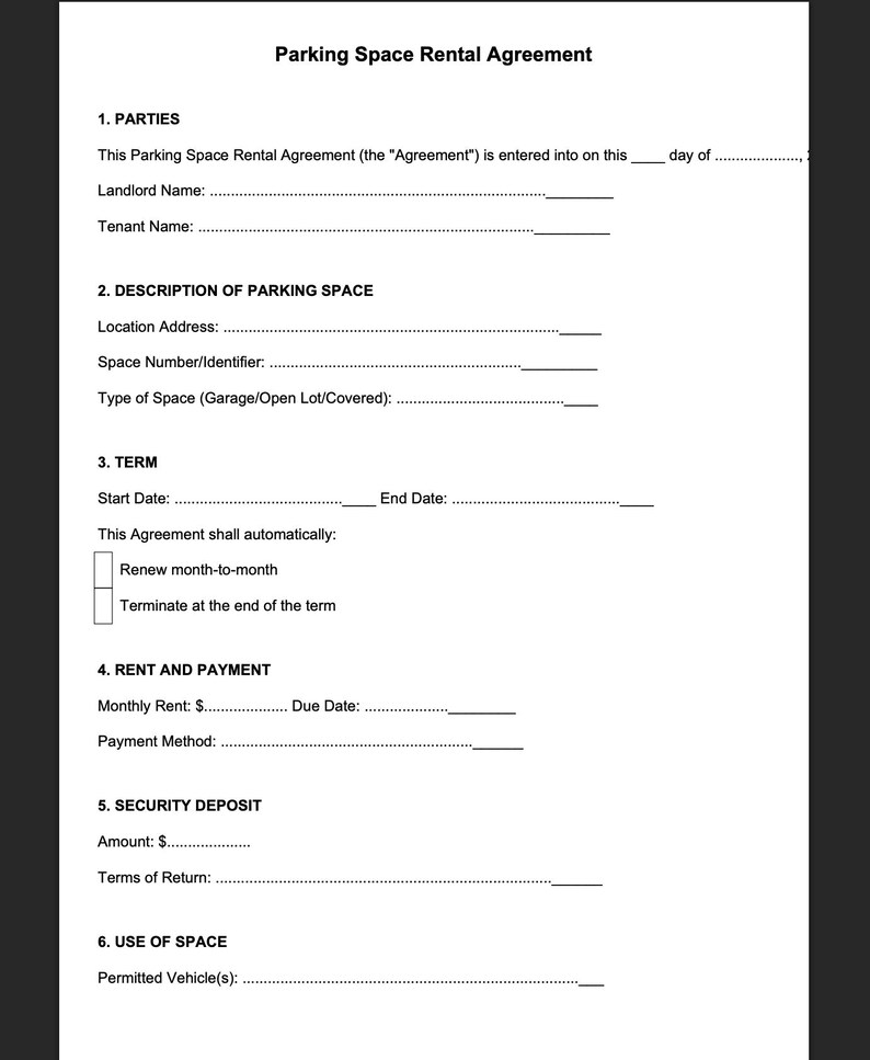 Parking Space Lease Agreement Form - Parking Space Rental Agreement ...