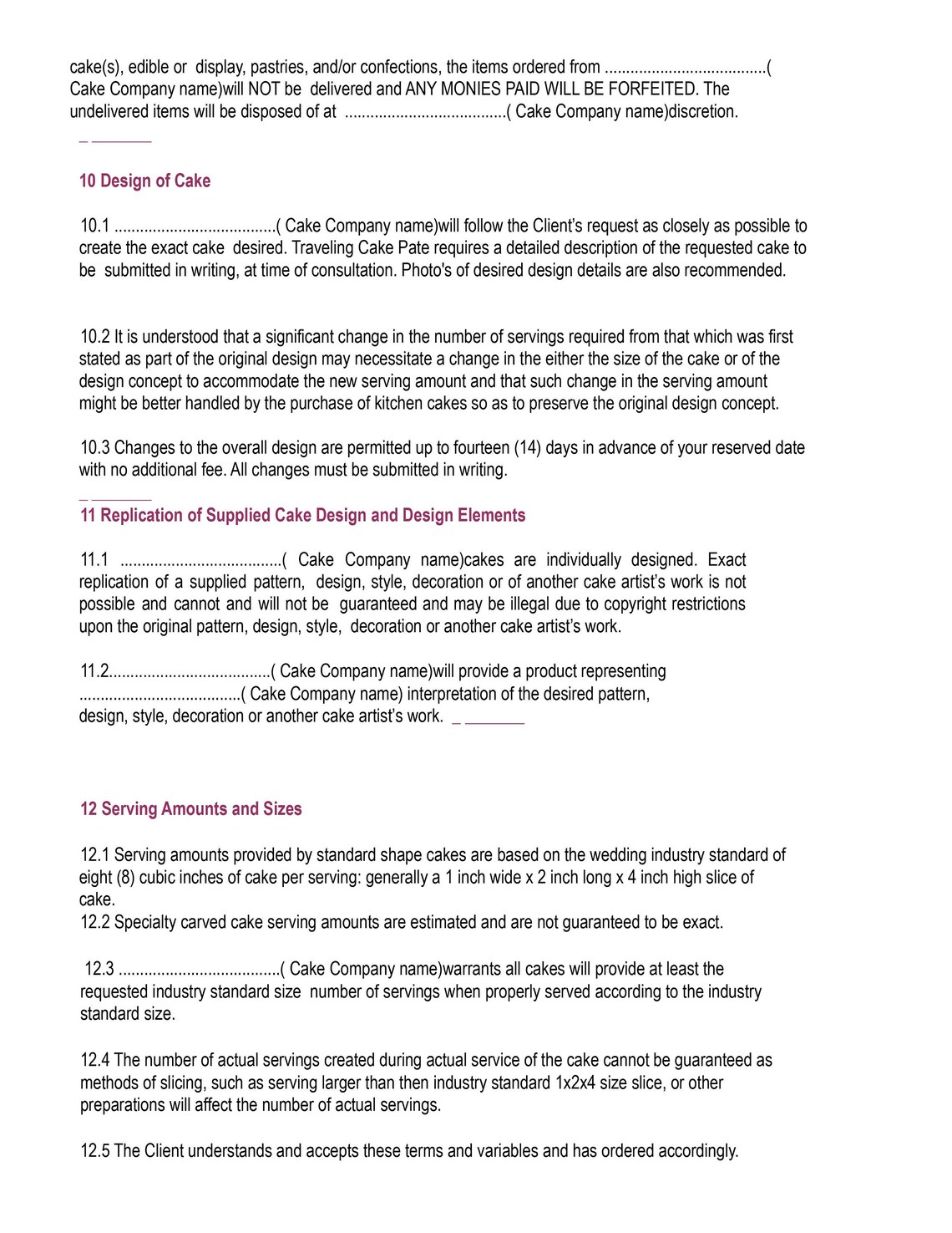 Wedding Cake Contract Template Editable Bakery Client - Etsy