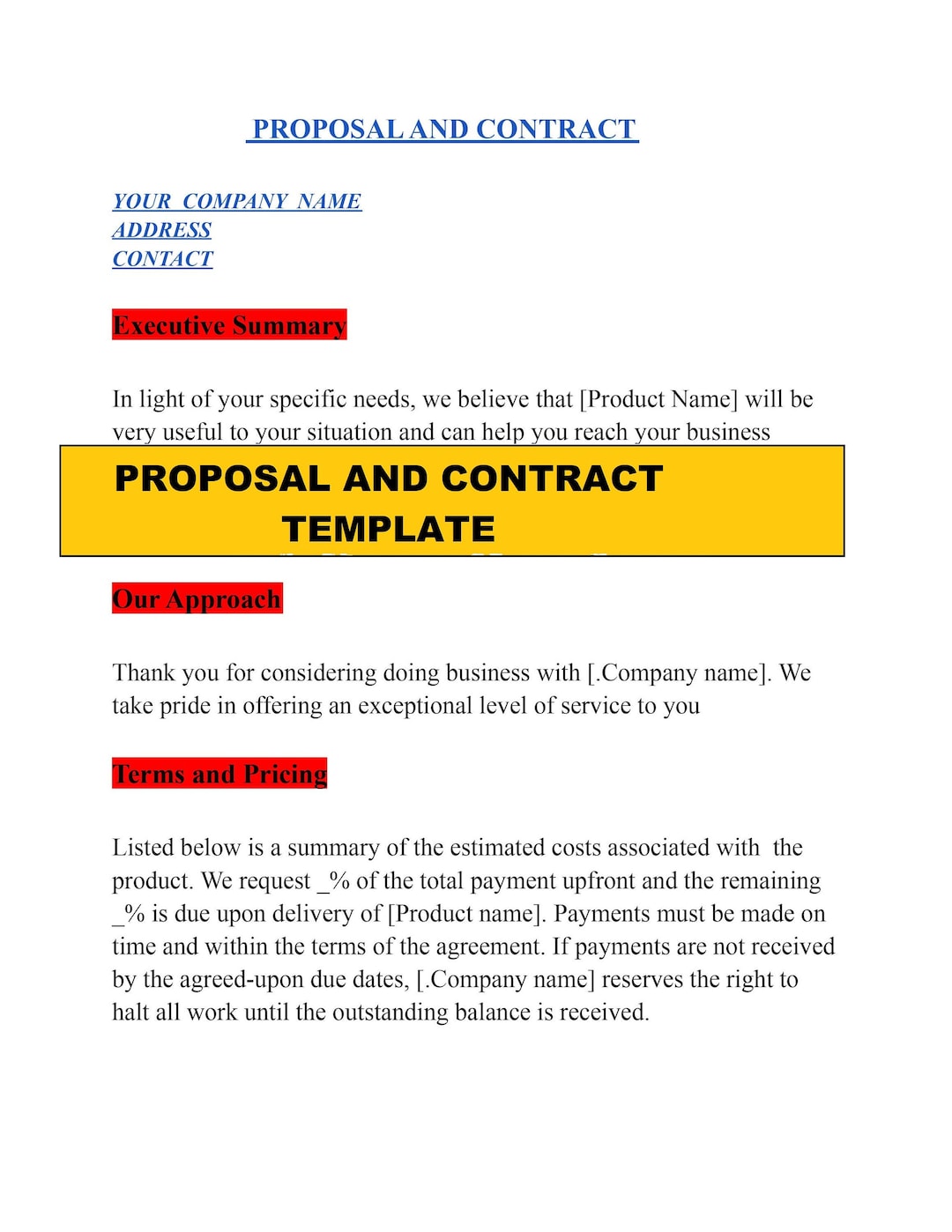 Contract Template / Printable Proposal & Contract Form / Business Form Template / Contract ...