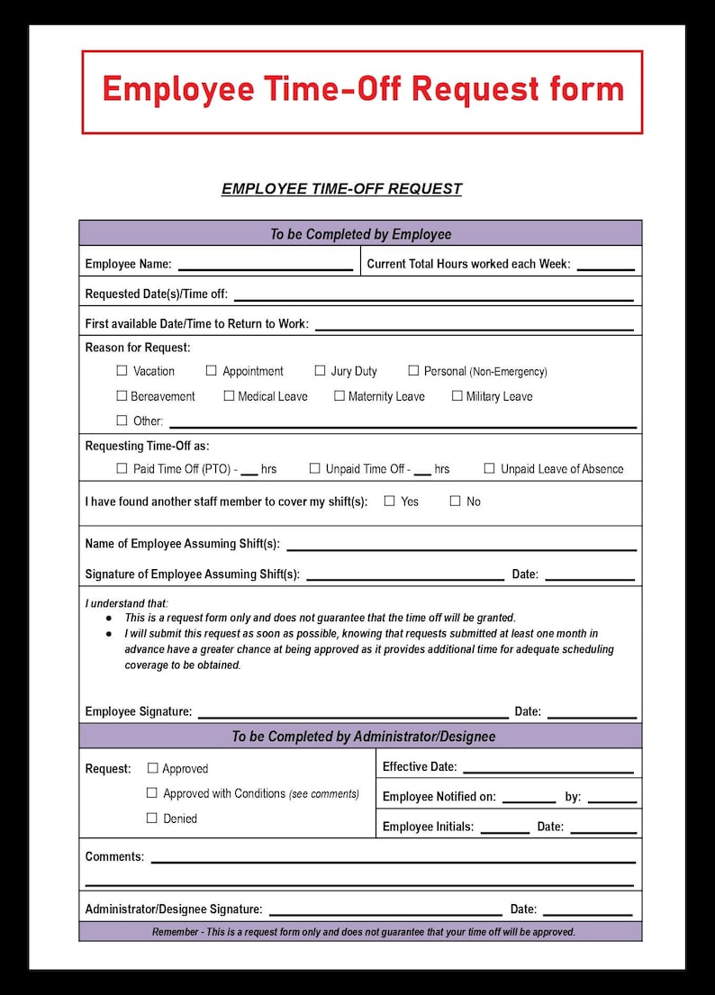 Employee Time off Request Form - PDF and Word File - Instant Download ...
