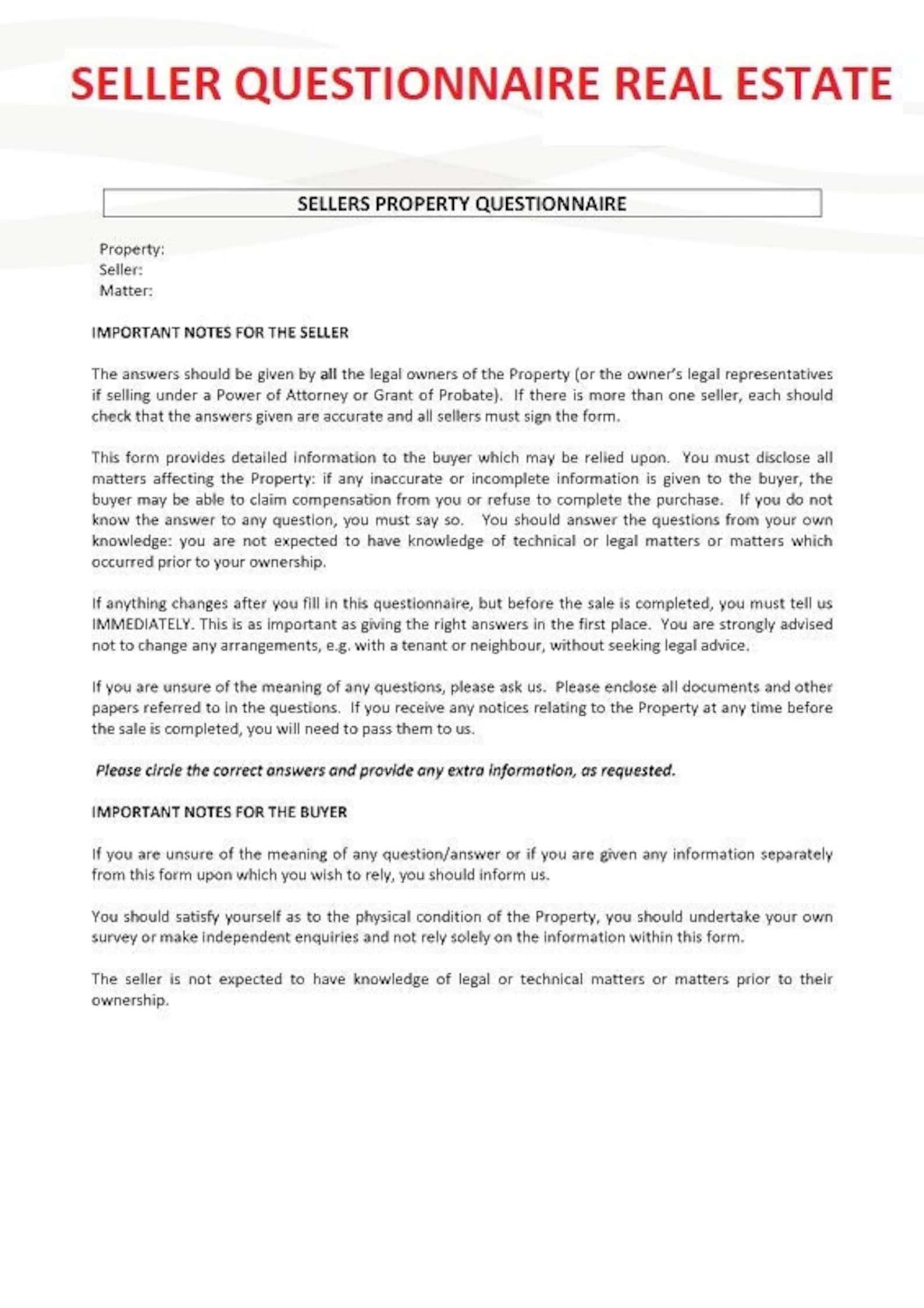 Real Estate Seller Questionnaire Form in PDF Format | Etsy