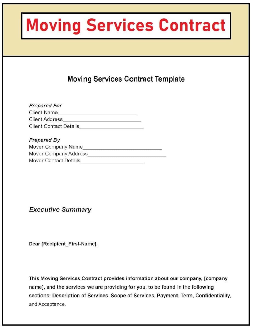 Moving Services Contract - Packaging and Moving Services Agreement ...