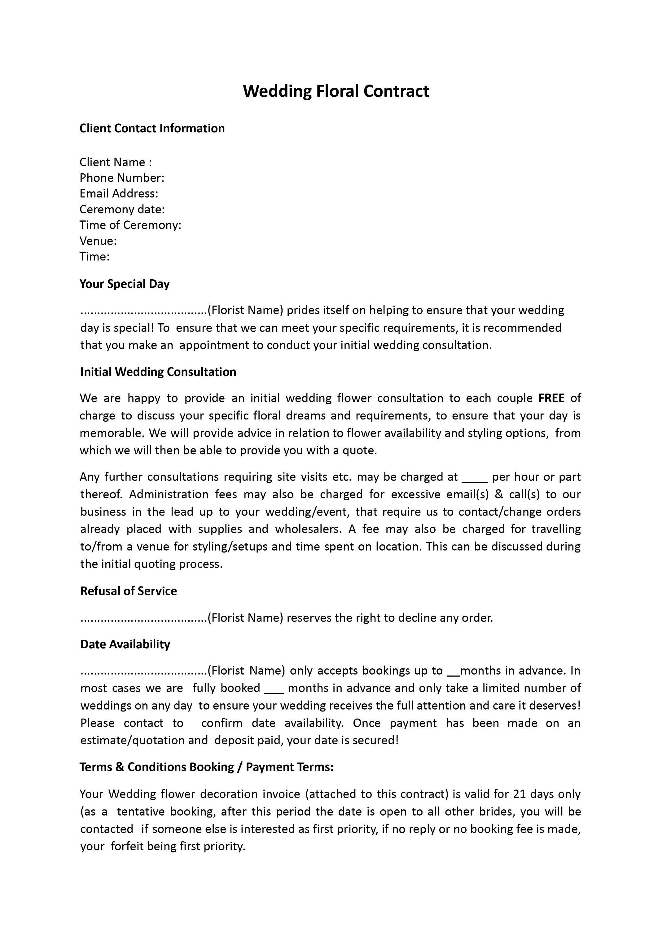 Wedding Floral Contract Template - Venue Florist Arrangement Agreement ...