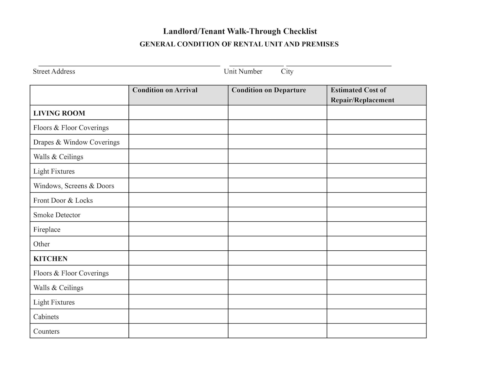 Landlord Tenant Walkthrough Checklist - PDF File - Available for ...