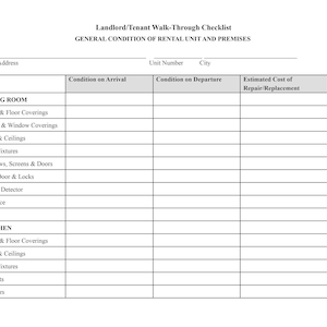 Landlord Tenant Walkthrough Checklist - PDF File - Available for ...