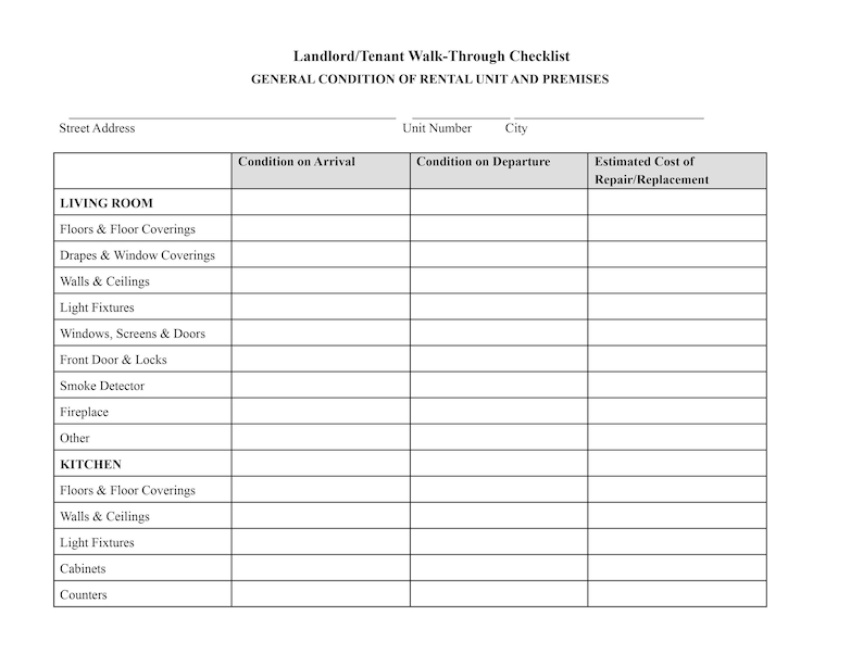 Landlord Tenant Walkthrough Checklist - PDF File - Available for ...