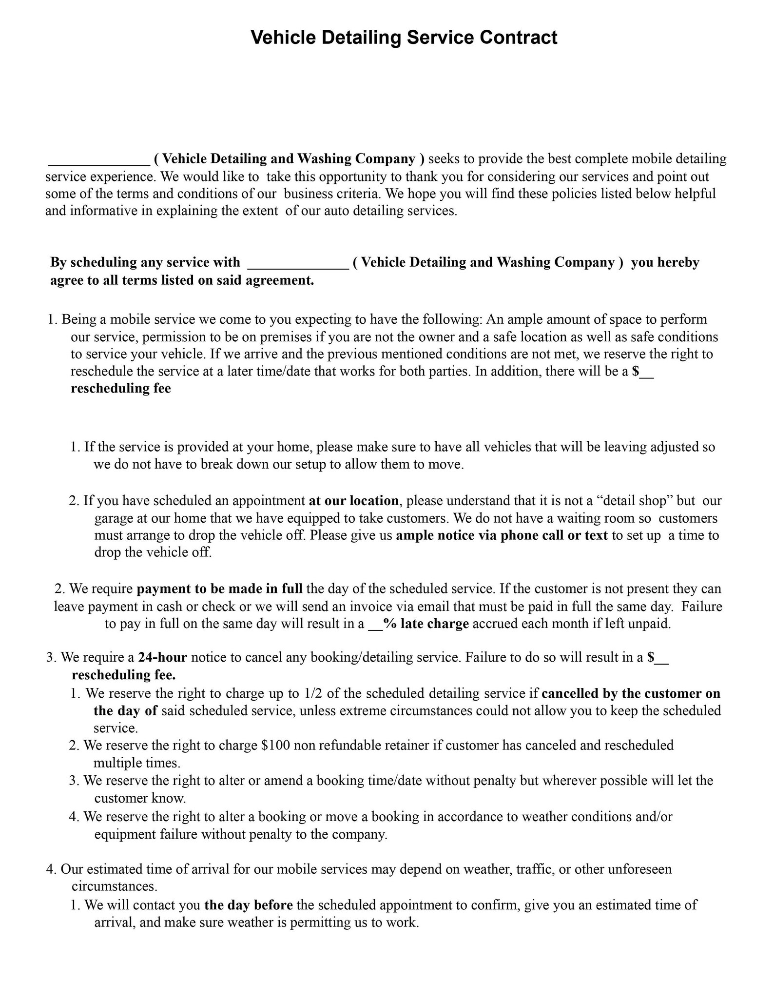 Vehicle Detailing Services Agreement - Vehicle Washing and Detailing ...