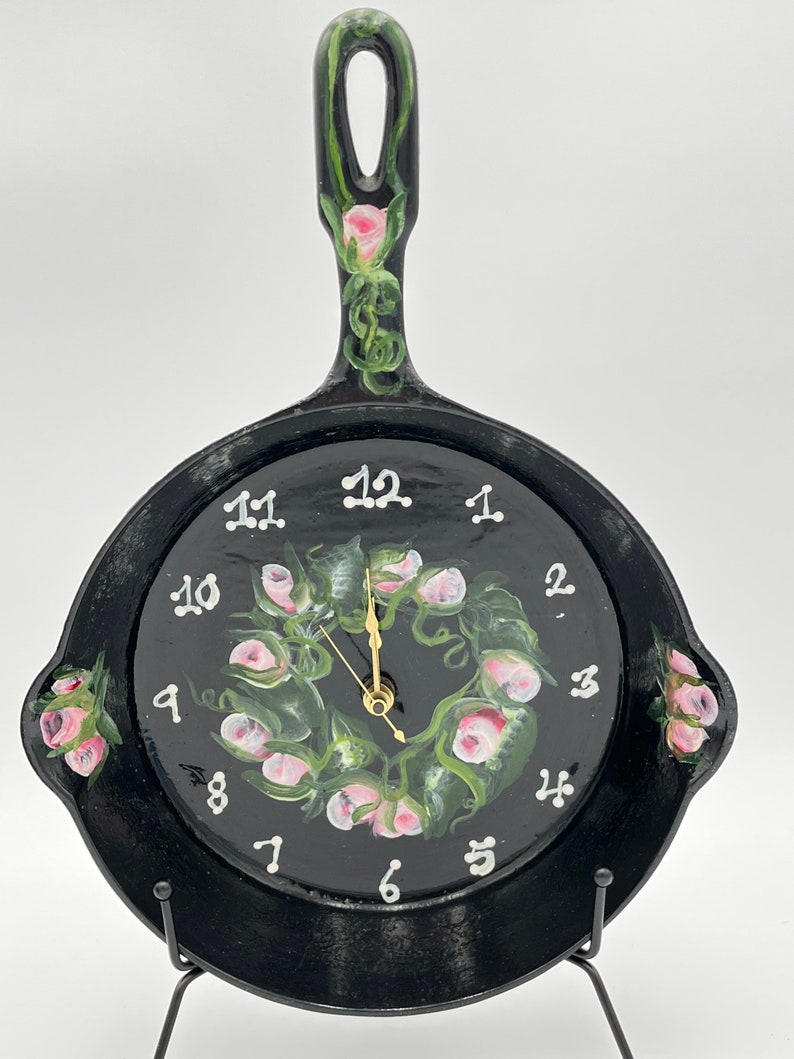 Iron Skillet Clock With Matching Decorative Kettle Hand Painted Rose - Etsy