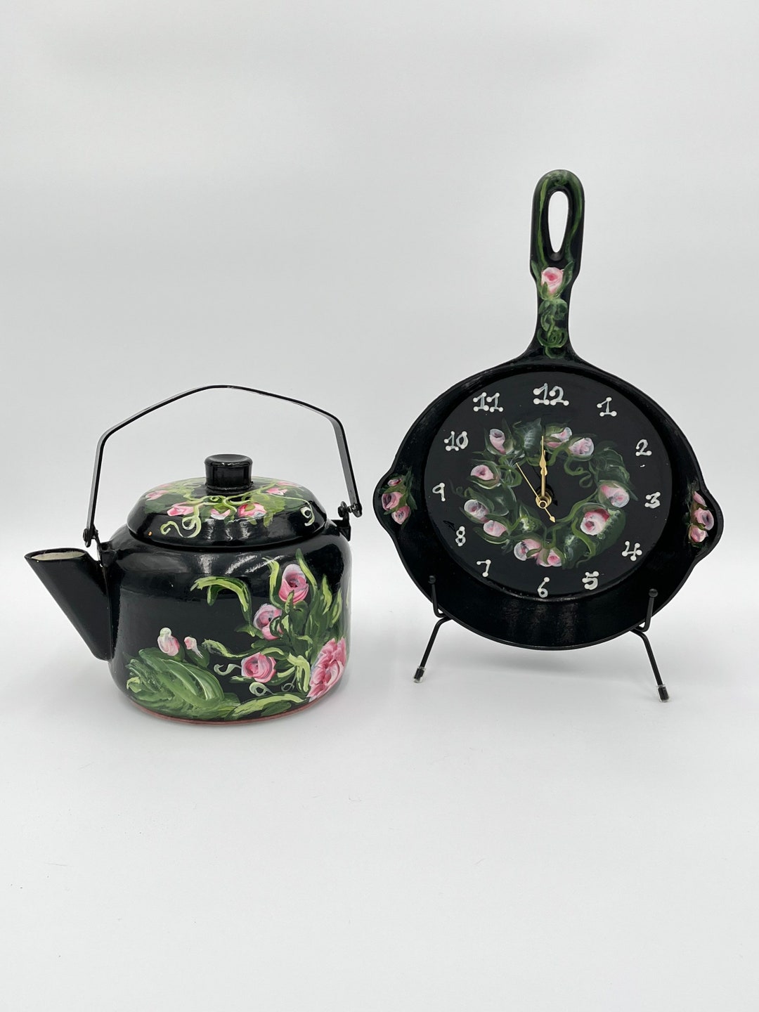 Iron Skillet Clock With Matching Decorative Kettle Hand Painted Rose - Etsy