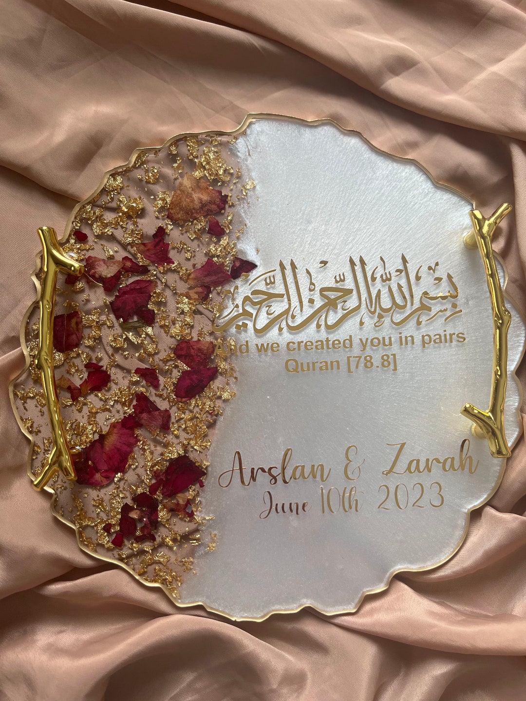 Round Custom Resin Ring Plate With Handles Nikkah Wedding Personalise ...
