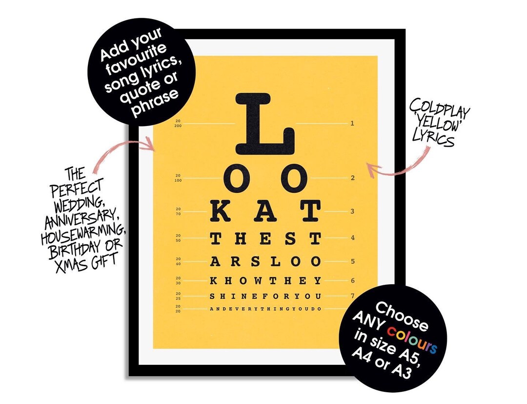 Coldplay Yellow Eye Chart Print Inspired by Song Lyrics - Etsy UK