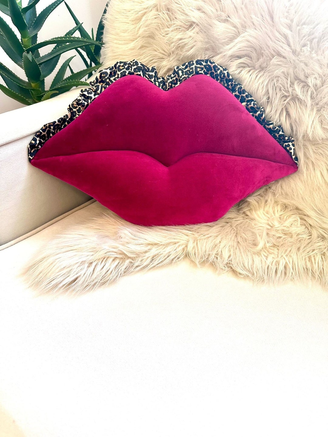 Pink Velvet Lip Shaped Cushion Pillow Lip With Frill Leopard Frill ...