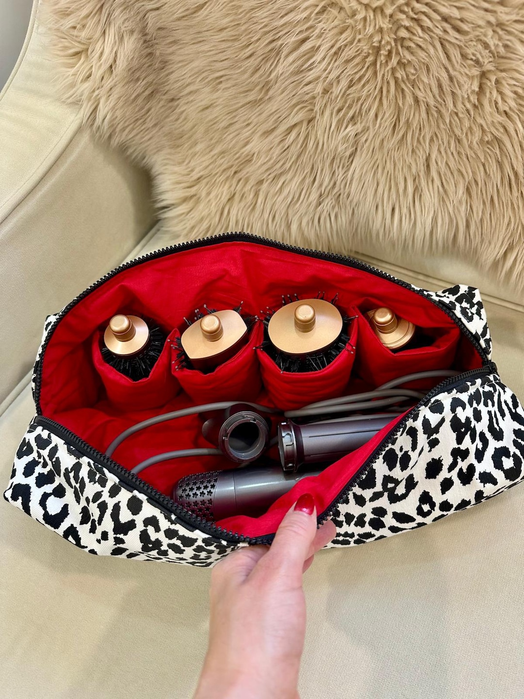 Leopard Print Dyson Hair Tool Travel Bag White and Black With Red ...
