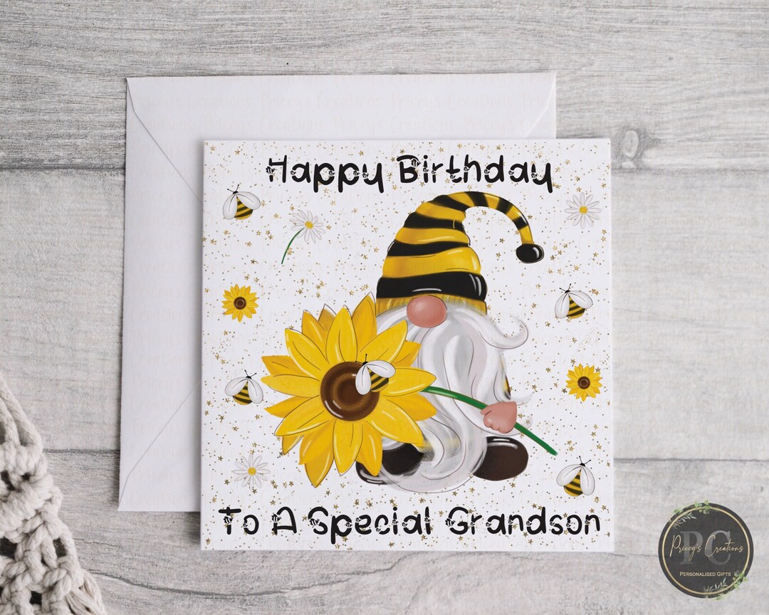 Personalised Boy Gnome Birthday Card Sunflower Bee Gnome - Etsy