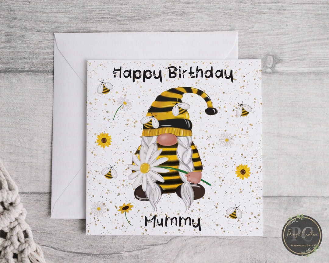Personalised Girl Gnome Birthday Card, Sunflower Bee Gnome Lovers ...