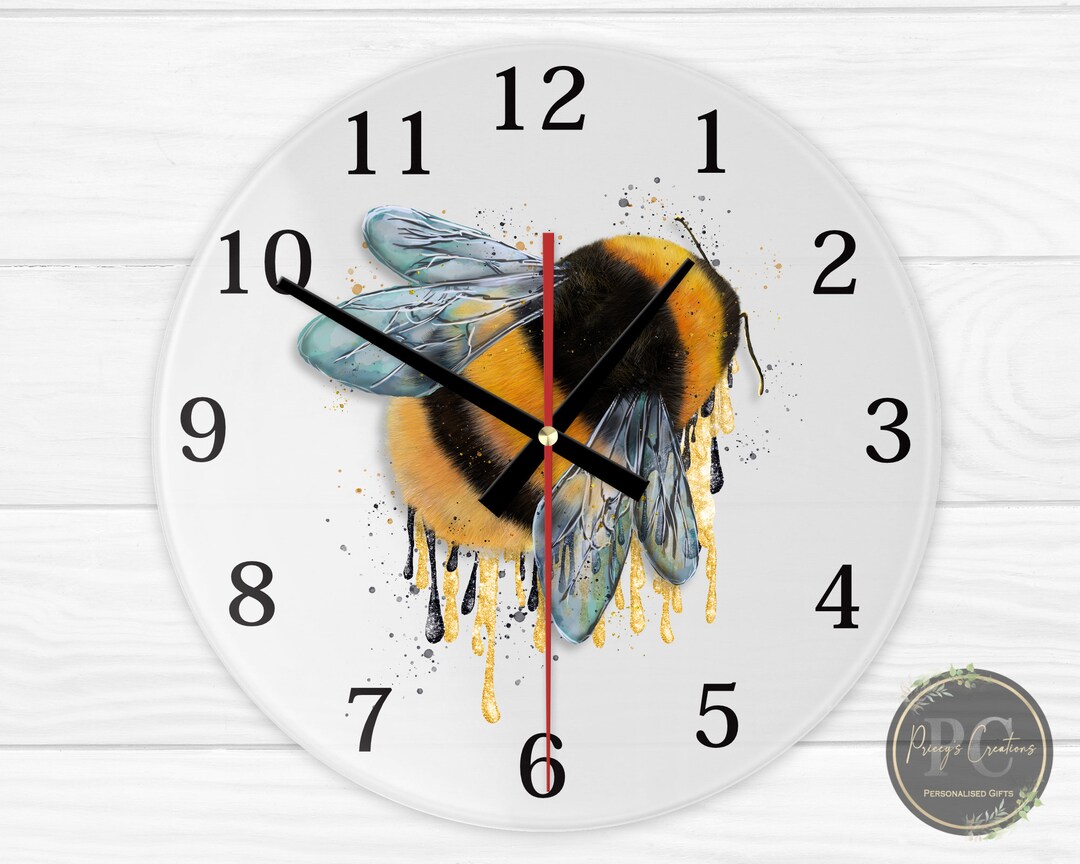 Watercolour Bee Clock, Glass Wall Clock, Gift for Bee Lovers, Kitchen ...