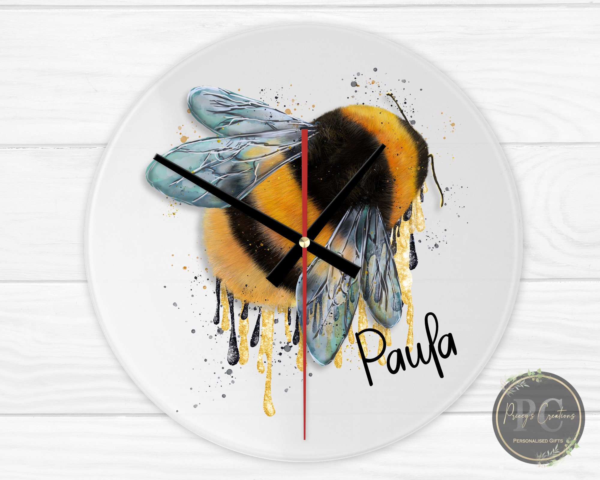 Watercolour Bee Clock, Glass Wall Clock, Gift for Bee Lovers, Kitchen ...