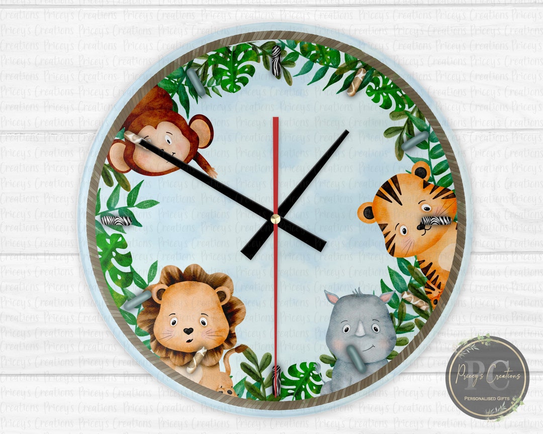 Safari Jungle Animal Clock, 20 Cm Glass Wall Clock, Childrens Animal ...