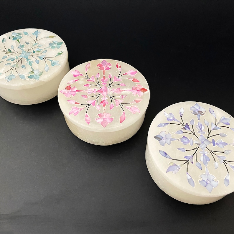 Set of 3, Alabaster Marble Trinket Box With Semi-precious Pearl Shell ...