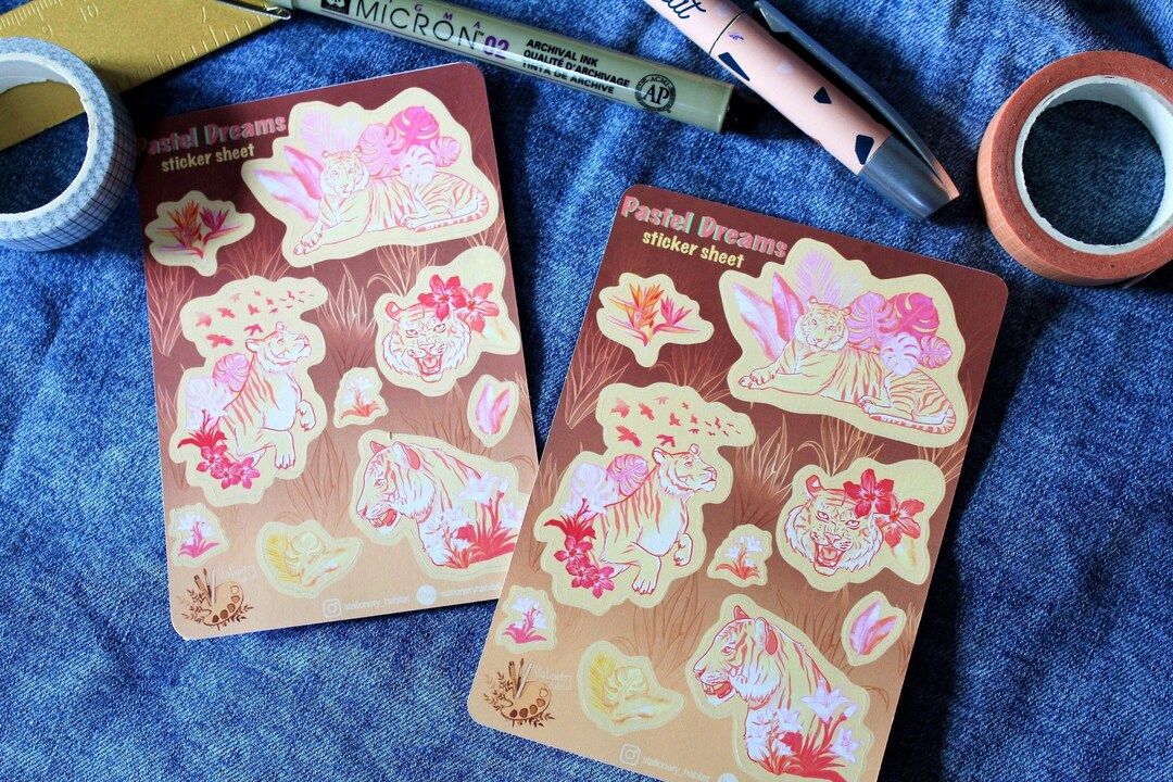 Pastel Yellow Tiger Sticker Sheet, Jungle Plant Sticker, Tiger Stickers ...