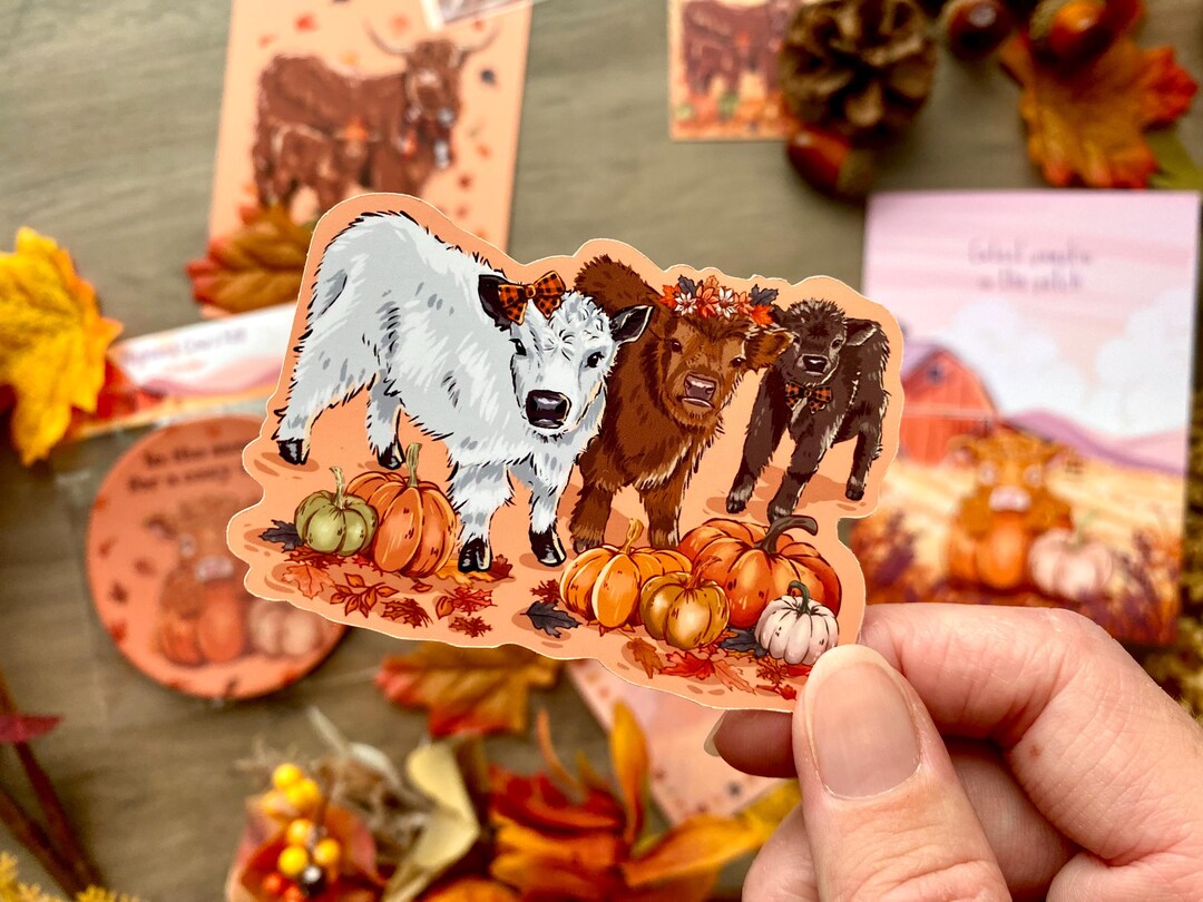 Autumnal Baby Highland Cow & Pumpkin Patch Sticker | Fall Cows ...