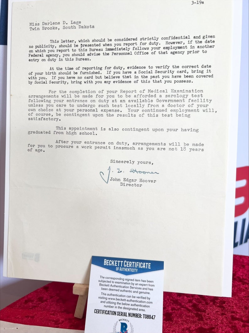 J Edgar Hoover Signed Original 1955 FBI Letter Beckett Authentication ...